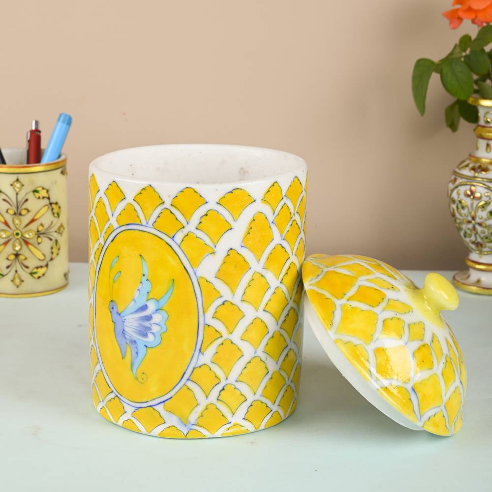 ARTS & CRAFTS Blue Pottery Cylindrical Storage Container with Lid ...